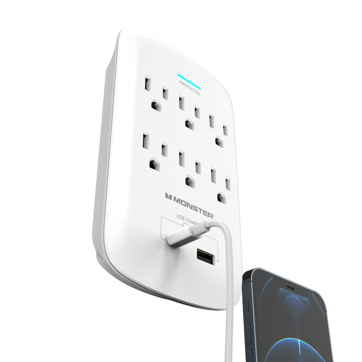Monster - Wall Surge Protector, 6 AC, 1 USB-C, 1 USB-A, WHT