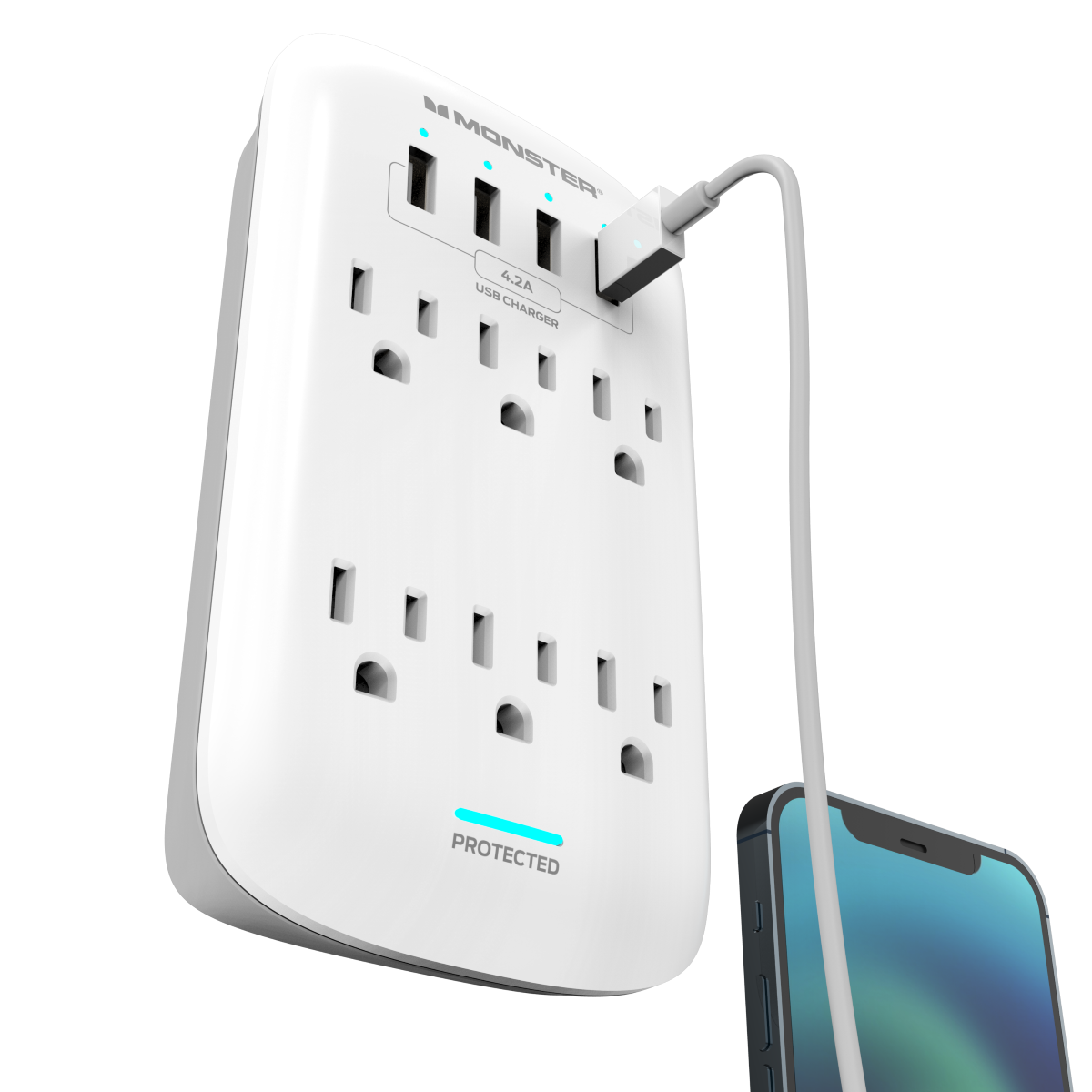 Monster - Wall Surge Protector, 6 AC, 4 USB-A, WHT