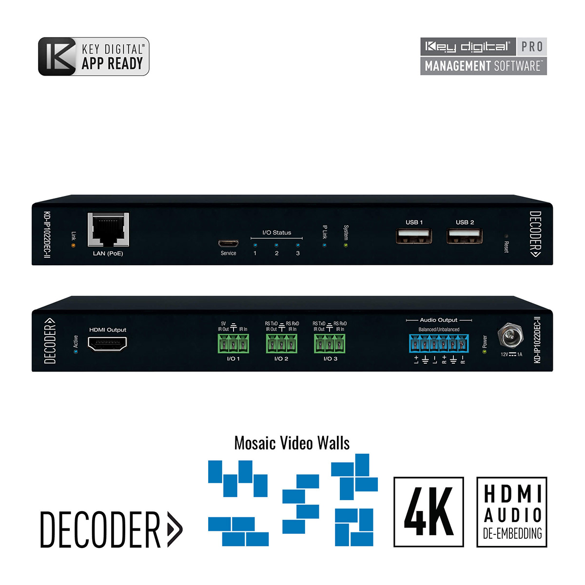 4K AV over IP Decoder w- Independent A/V & KVM, Video Wall