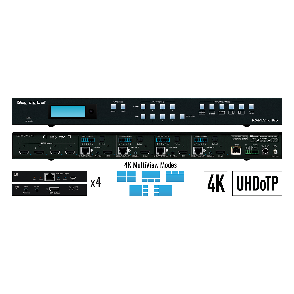 4x4 UHD HDMI Seamless Matrix Switch w-Mulitiview, 4RX units